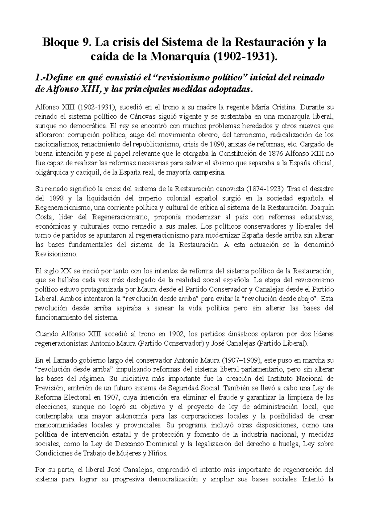 Bloque 9 HIST PDF - Bloque 9. La crisis del Sistema de la Restauración y la caída de la ...