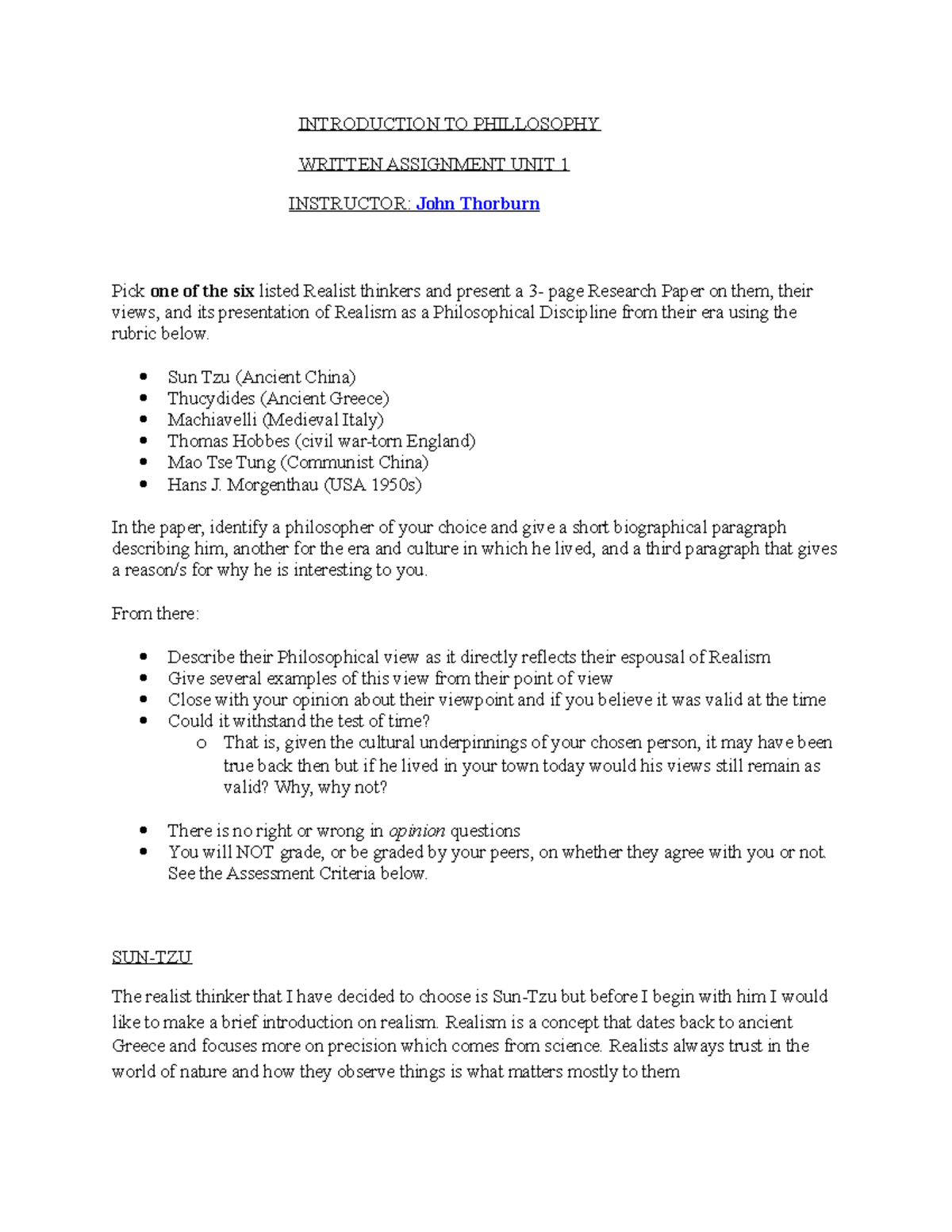 Introduction TO Phillosophy written assignment unit 1 - INTRODUCTION TO ...