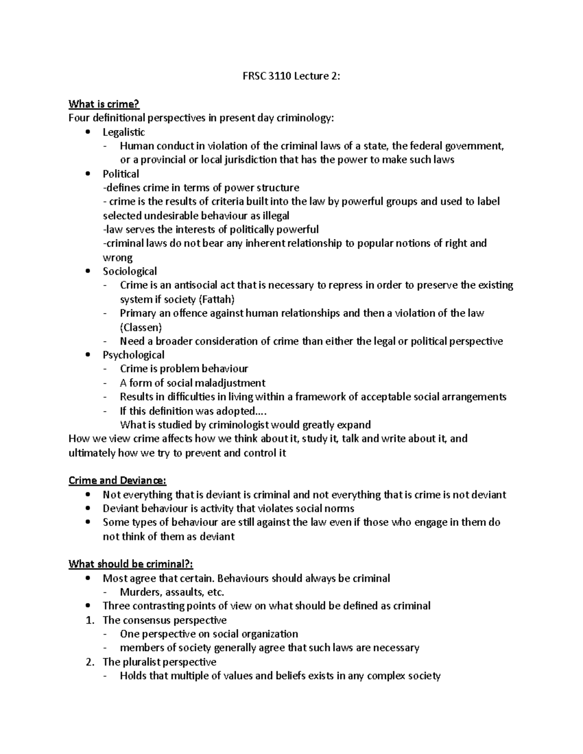 FRSC 3110 Lecture 2 - notes - FRSC 3110 Lecture 2: What is crime? Four ...