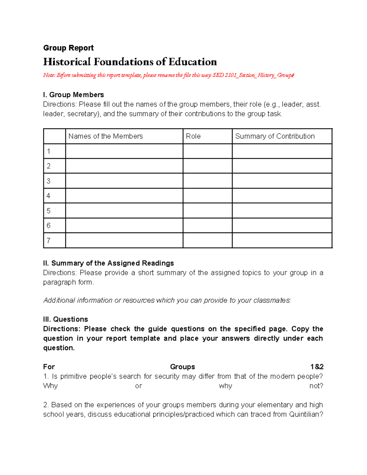 Group Report - GOOD - Group Report Historical Foundations of Education ...