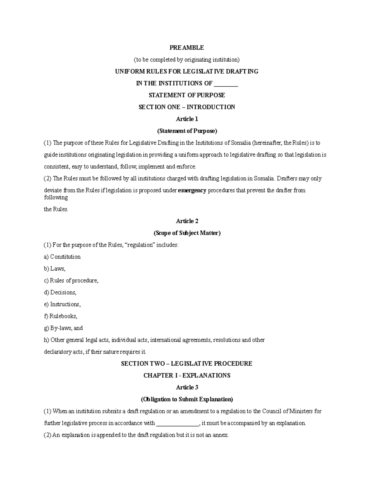 Legislative Drafting Regulation checklist notes - PREAMBLE (to be ...