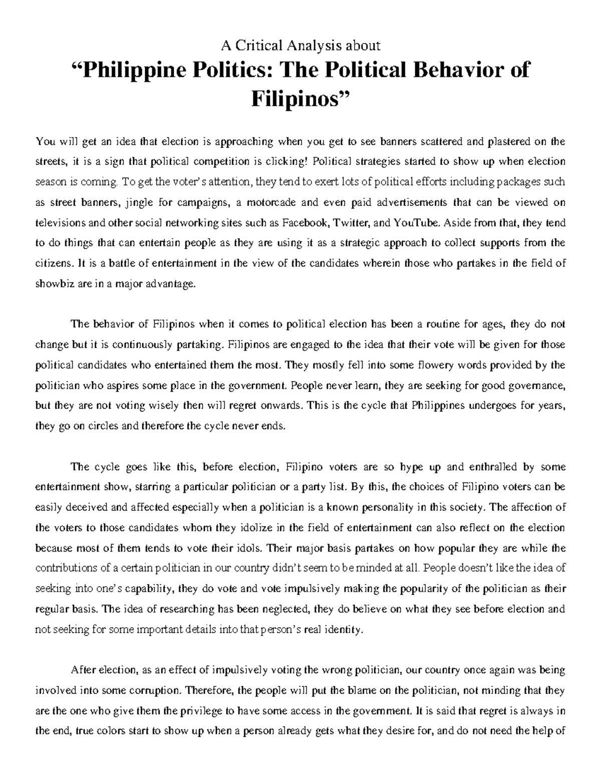 “Philippine Politics The Political Behavior of Filipinos” - A Critical ...