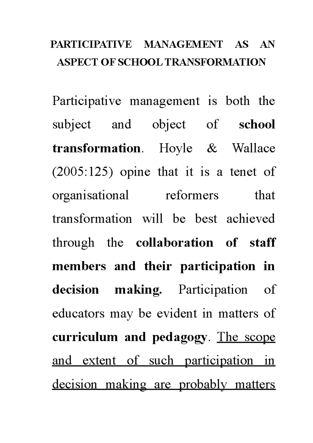 Participative Management AS AN Aspect OF School Transformation 1 ...