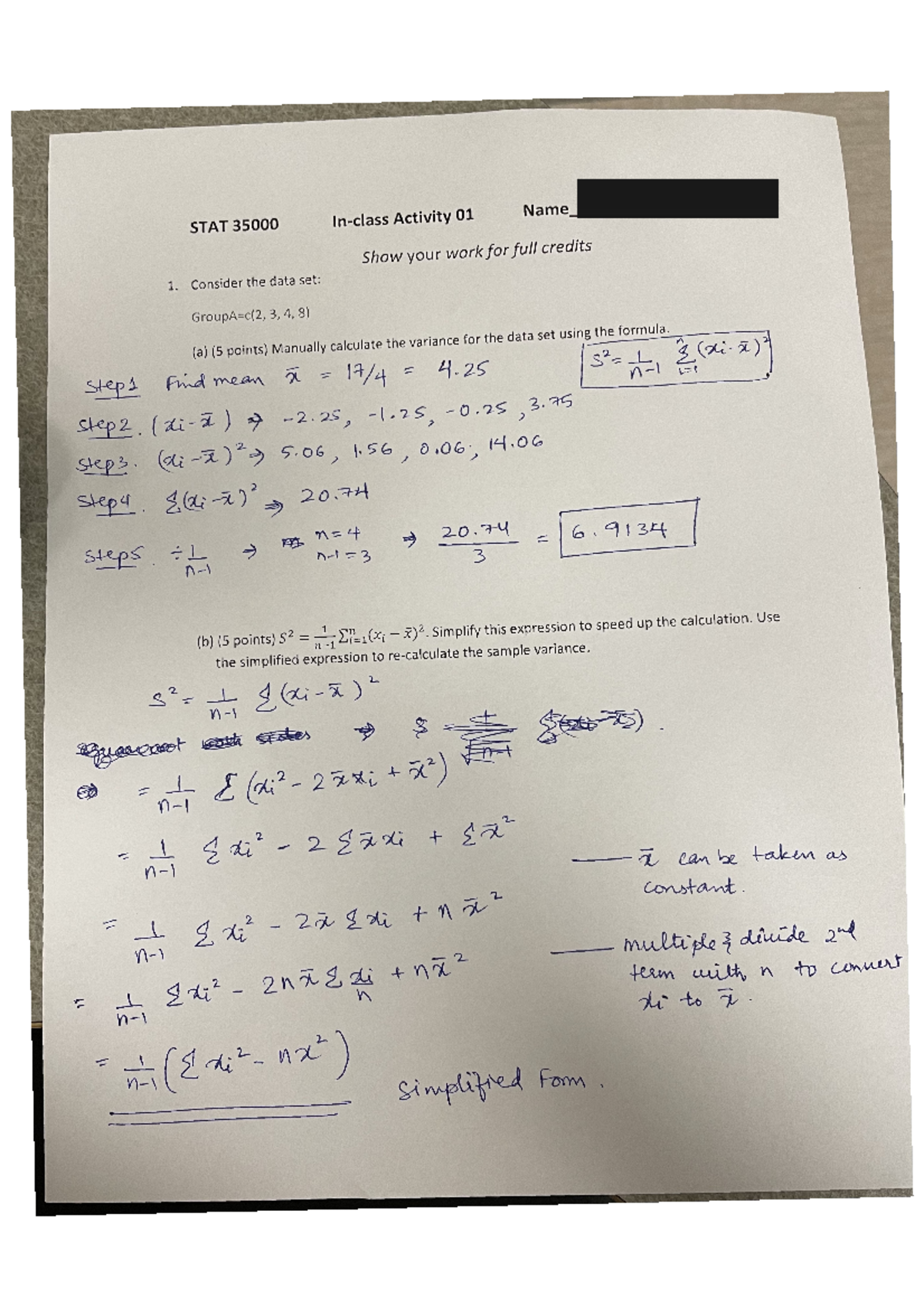 ICA 1 - ICA Answers to Professor Fei Tan's STATS 350 - STAT35000 - Studocu