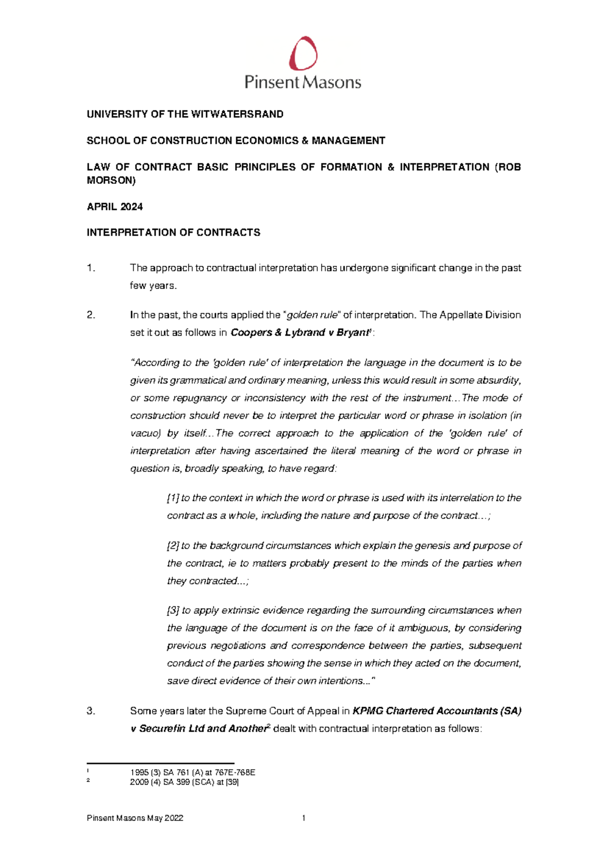 Interpretation of Contracts Note - May 2024 - UNIVERSITY OF THE ...