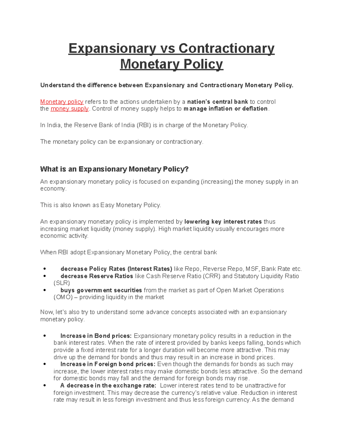 Expansionary Vs Contractionary Monetary Policy Monetary Policy Refers