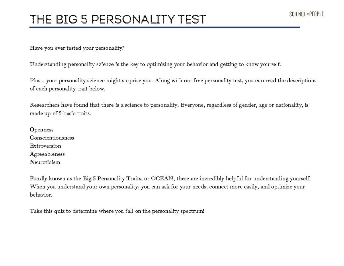 Big 5 Personality Test PDF - Have you ever tested your personality ...