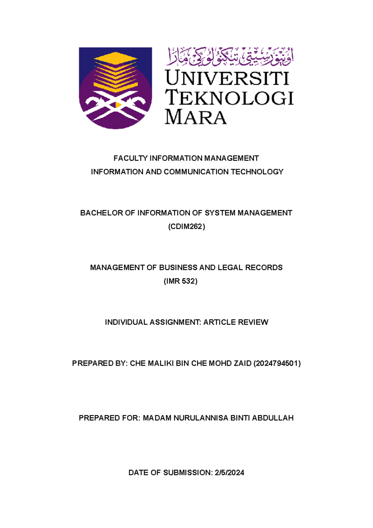 Article Review IMR 532.pdf - FACULTY INFORMATION MANAGEMENT INFORMATION AND COMMUNICATION ...