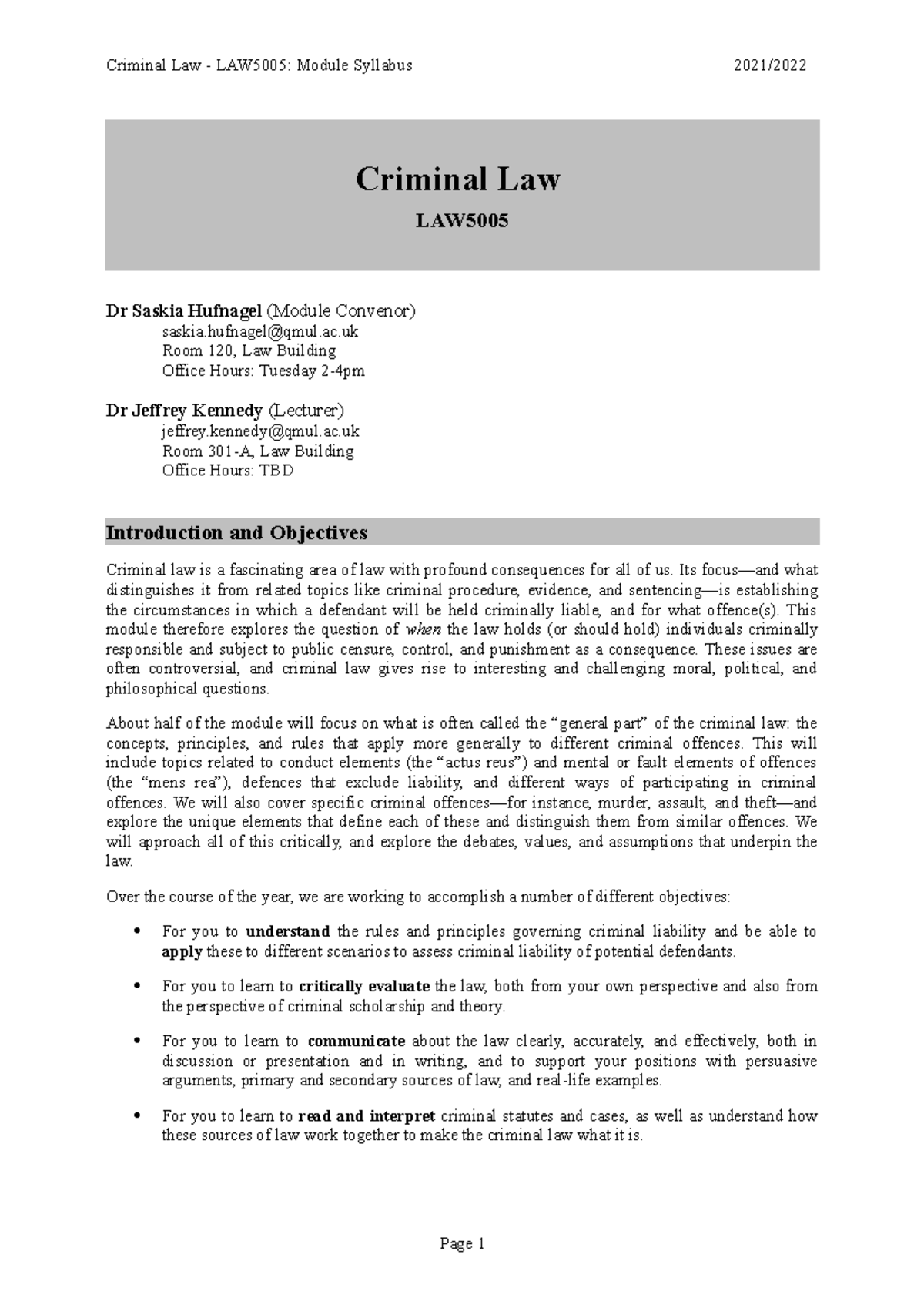 LAW5005 Criminal Law Syllabus 2021-2022 - Criminal Law LAW Dr Saskia ...