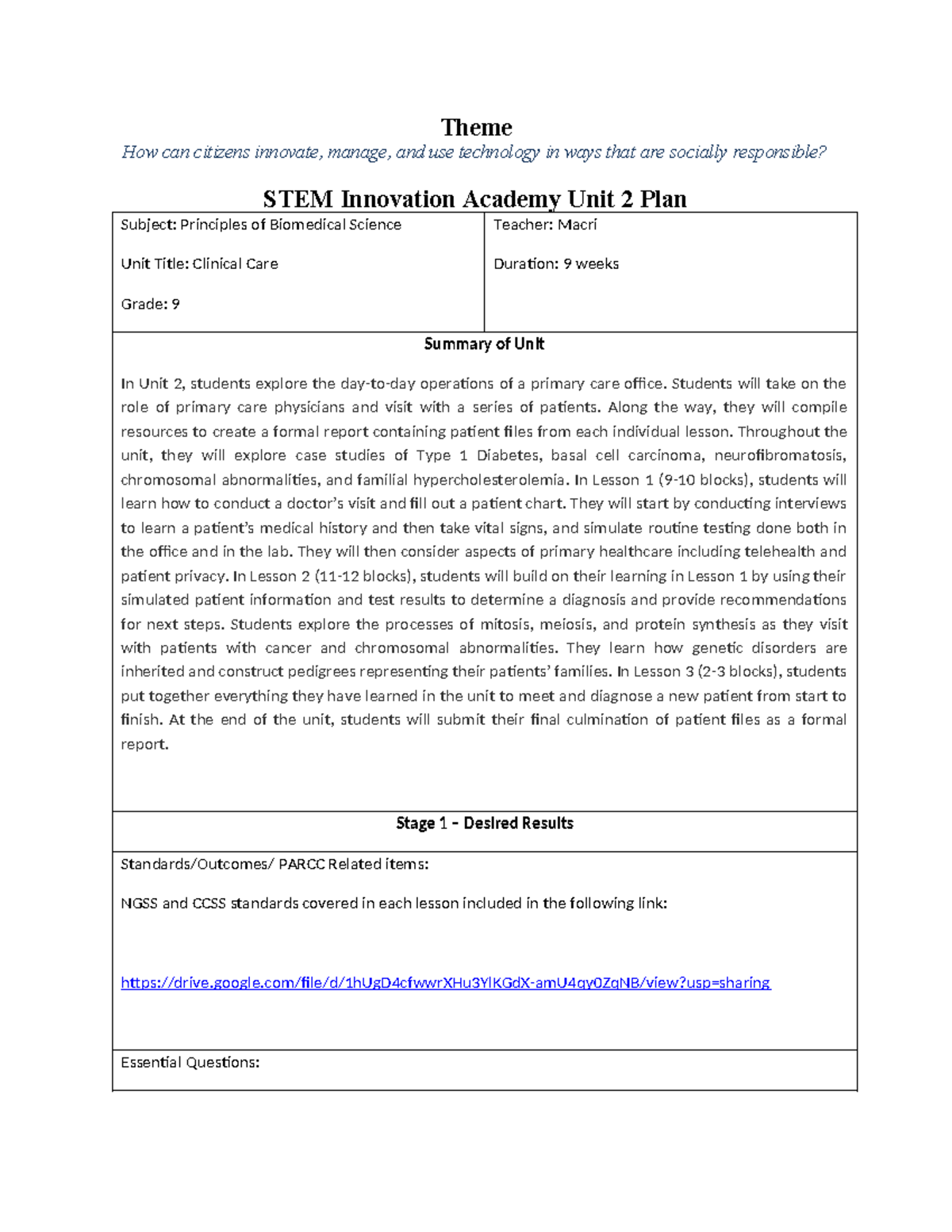 Unit 2 Principles of Biomedical Science August 2020 - Theme How can ...