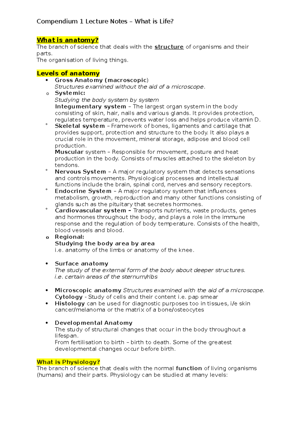 Compendium 1: Anatomy & Physiology Revision Notes - What is anatomy ...