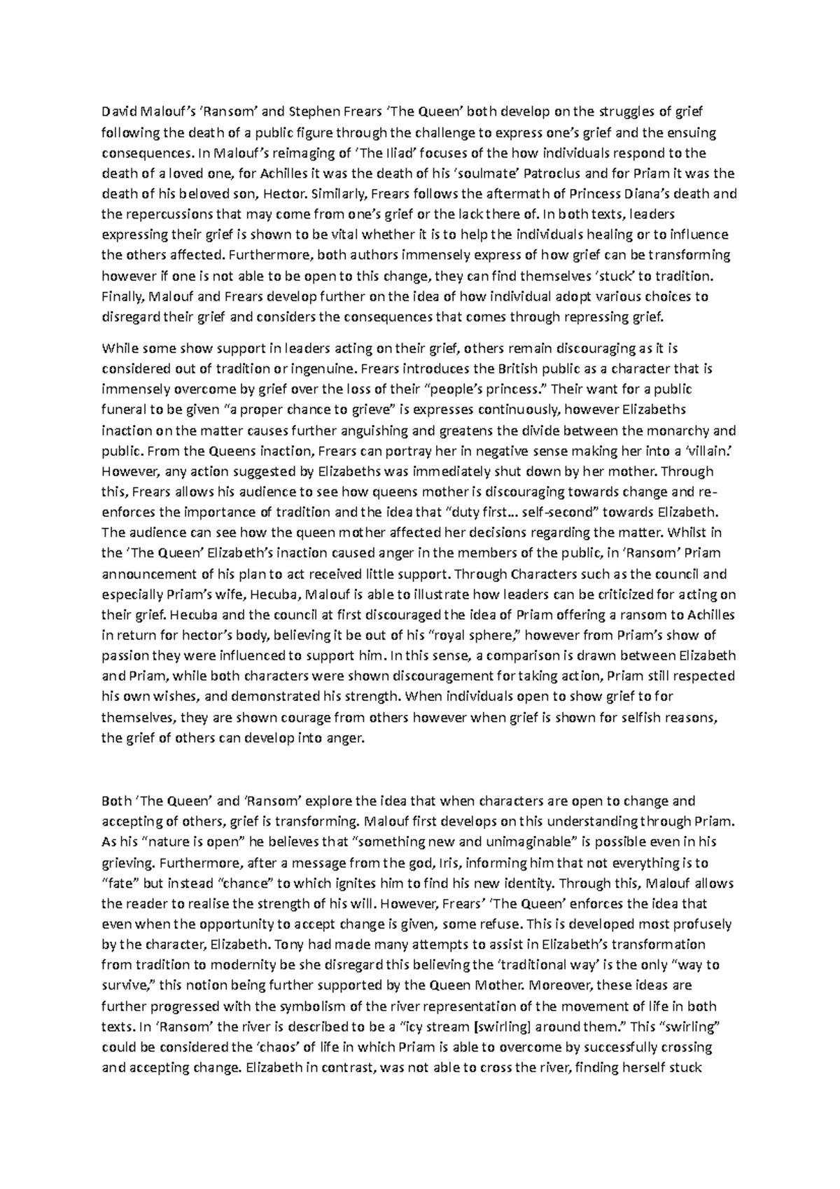 How grief is portrayed -essay - David Malouf’s ‘Ransom’ and Stephen ...