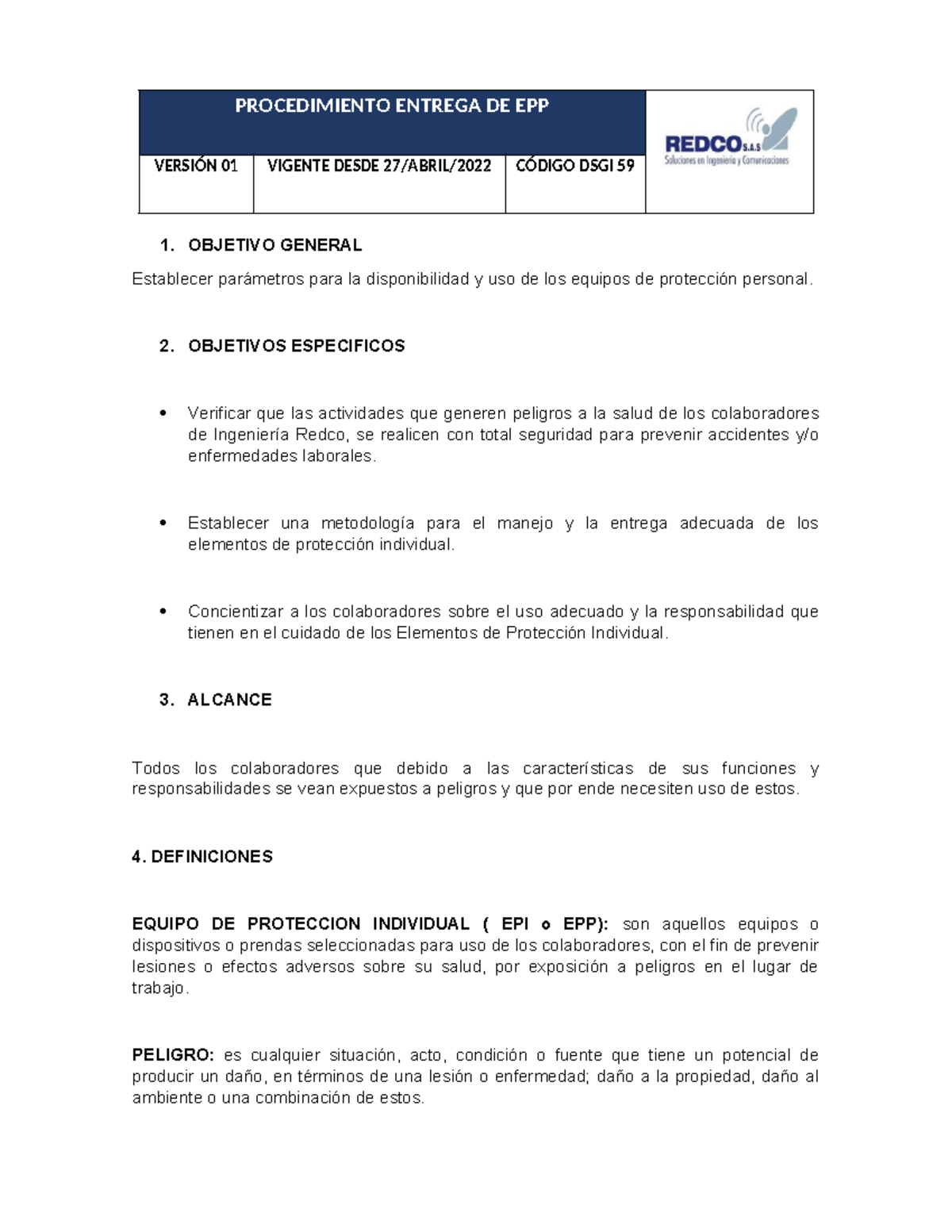 DSGI 59 Procedimiento Entrega DE EPP - VERSIÓN 01 VIGENTE DESDE 27 ...
