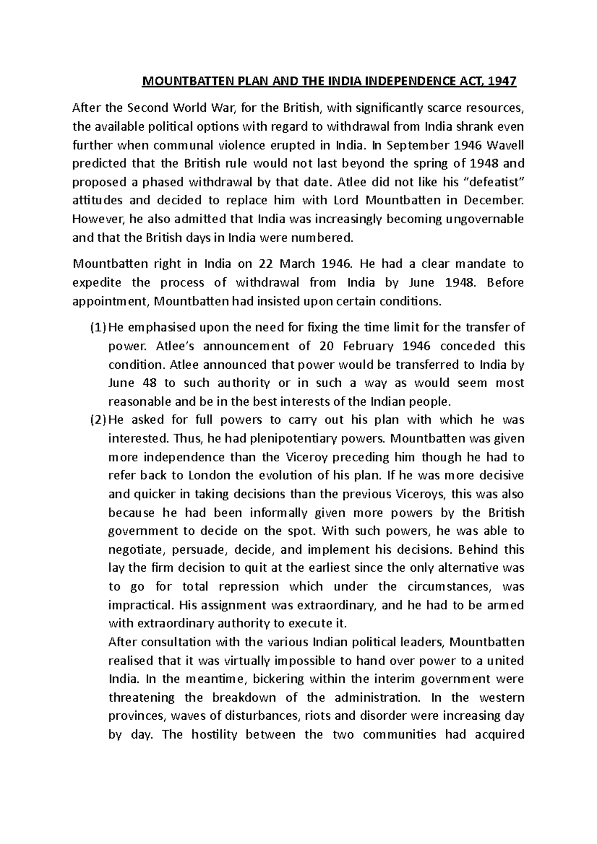 Mountbatten Plan and India Independence Act, 1947 - MOUNTBATTEN PLAN ...