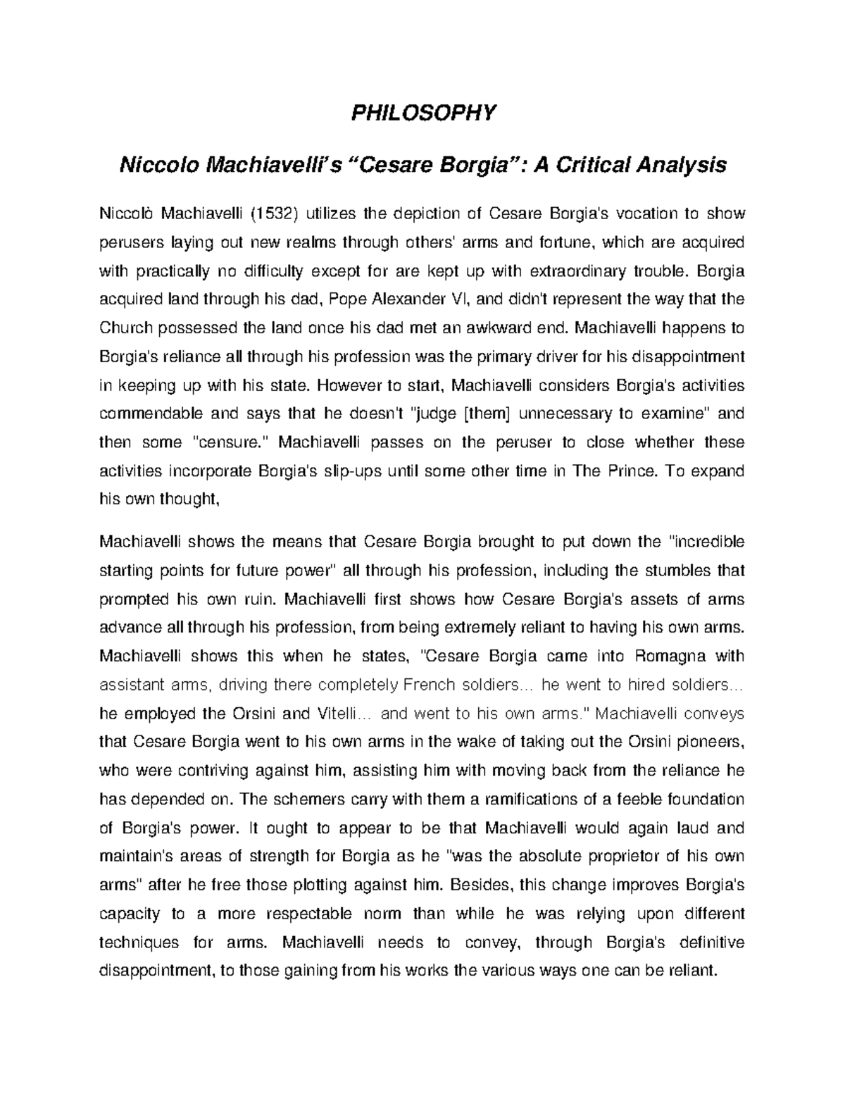 Niccolo Machiavelli’s “Cesare Borgia” A Critical Analysis - PHILOSOPHY ...