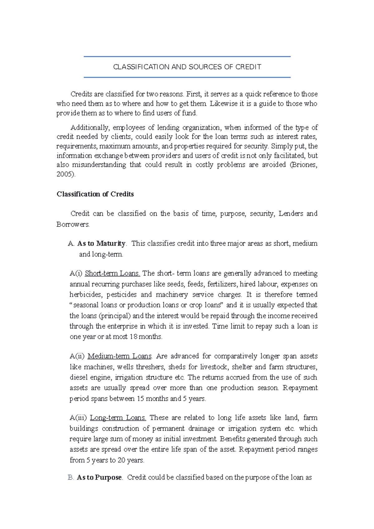 Classification AND Sources OF Credit - CLASSIFICATION AND SOURCES OF ...