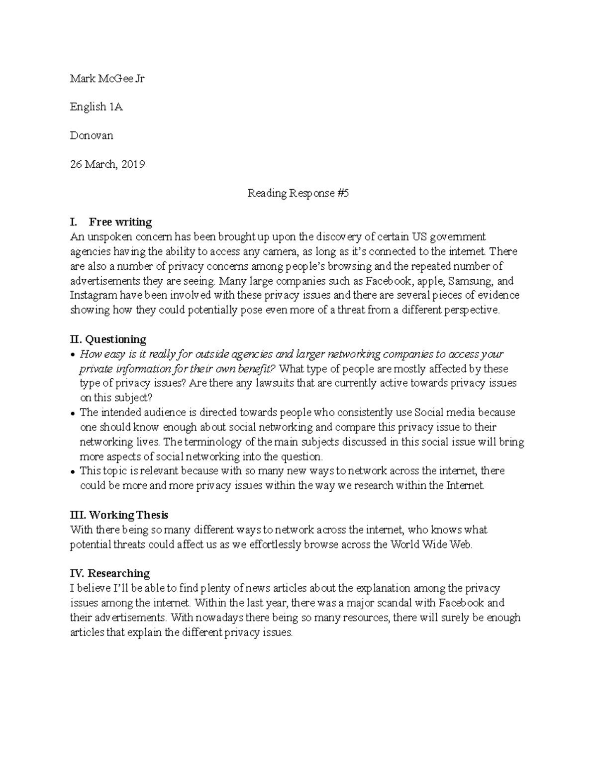 RR #5 - Free writes that had a specific criteria to follow by. - ENGL ...