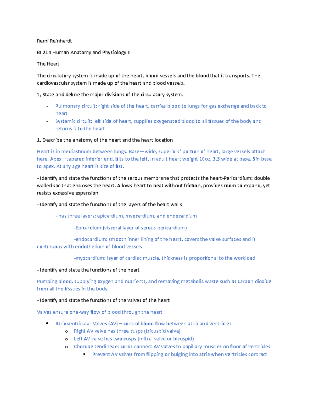The heart student study guide final - Remi Reinhardt BI 214 Human ...