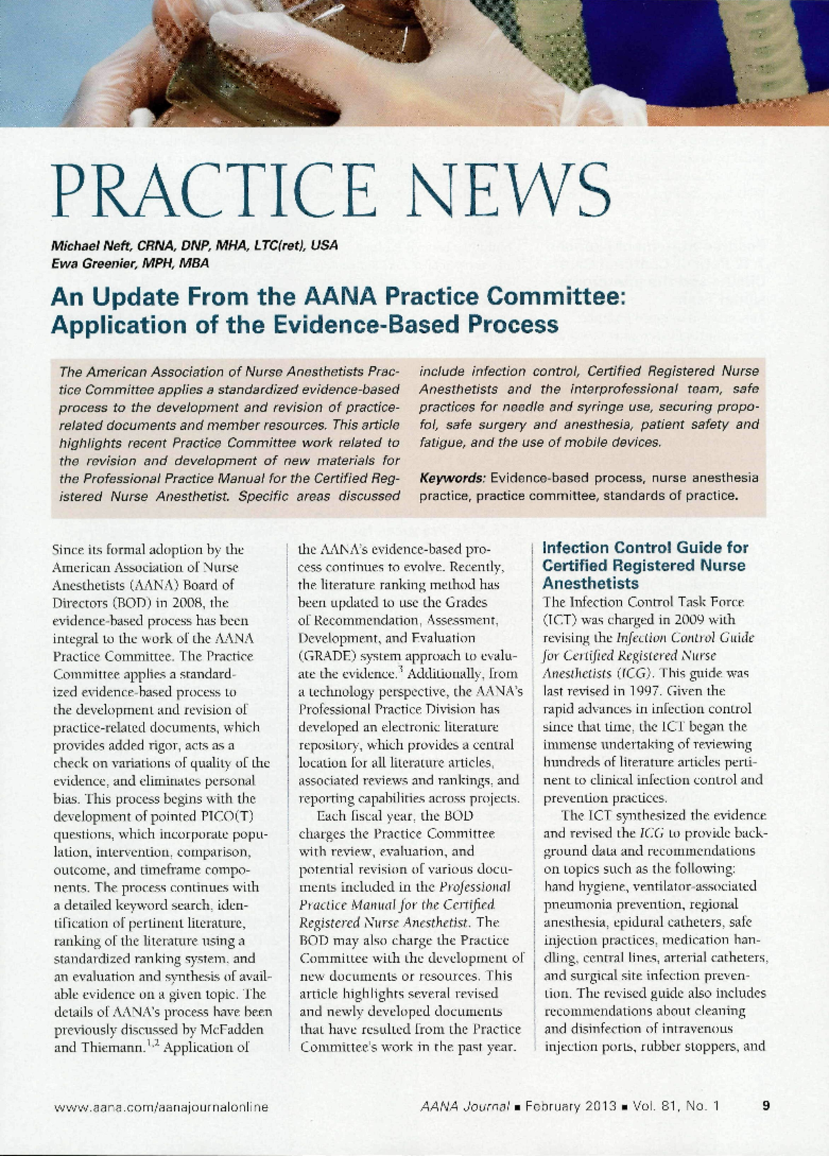 AANA article - PRACTICE NEWS Michael Neft, CRNA, DNP, MHA, LTC(ret ...