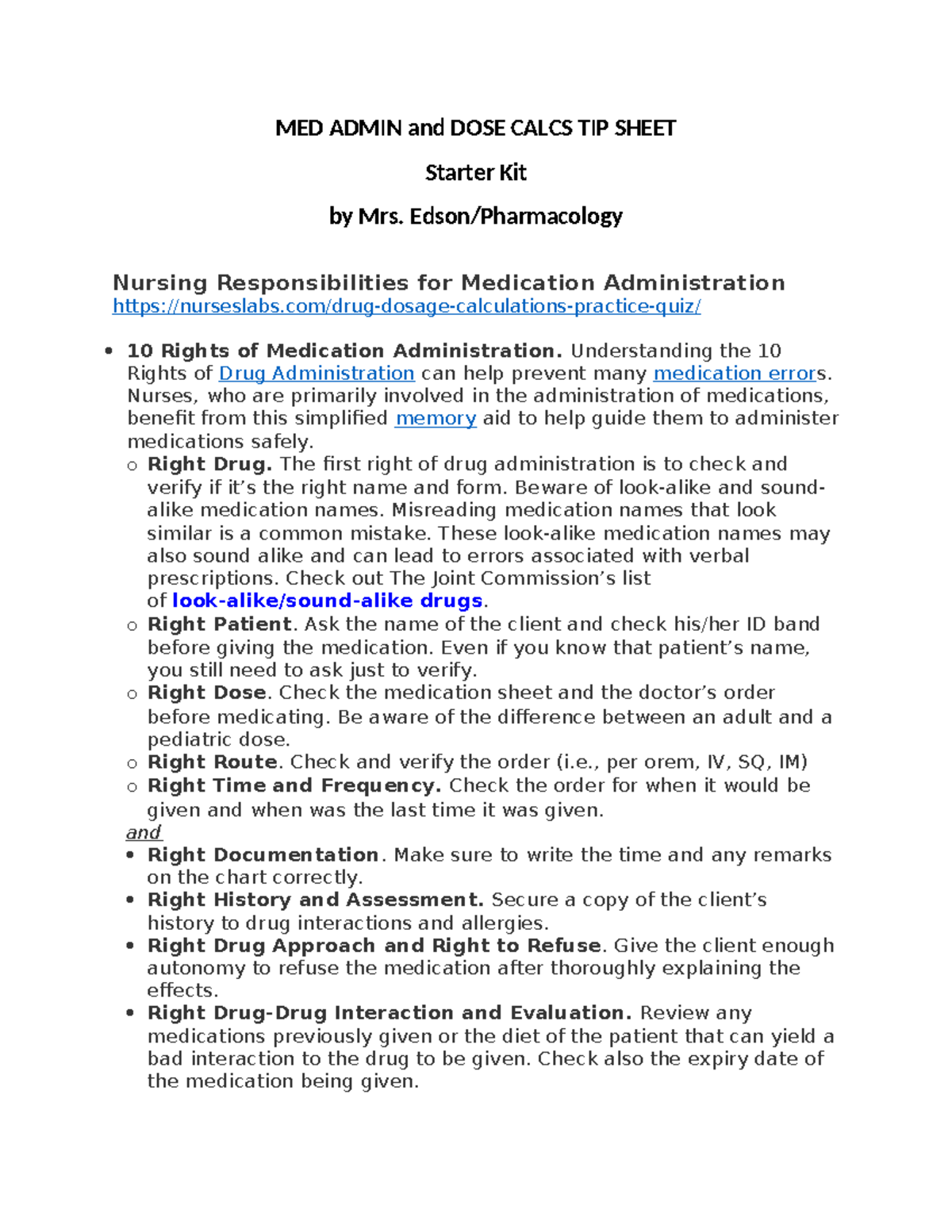 TIPS-Med Admin and Dose Calc Practice - MED ADMIN and DOSE CALCS TIP ...