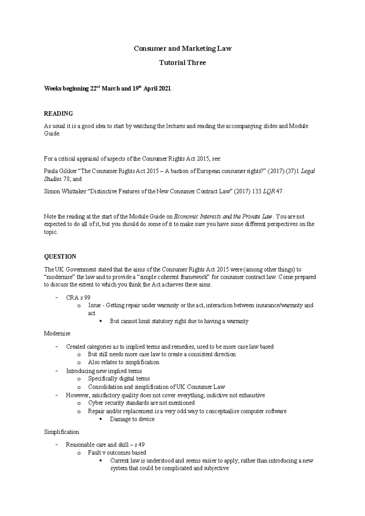 Tutorial 3 - practice - Consumer and Marketing Law Tutorial Three Weeks ...