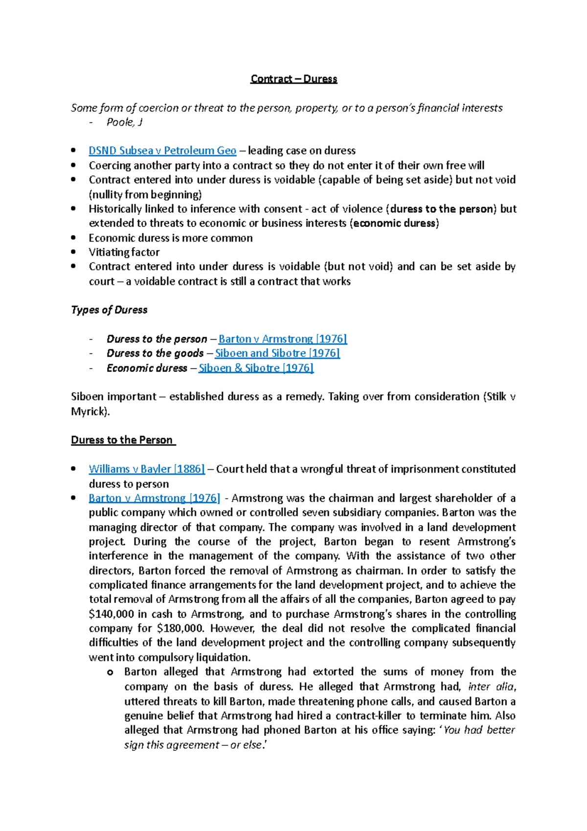 Contract - Duress - Contract – Duress Some form of coercion or threat ...