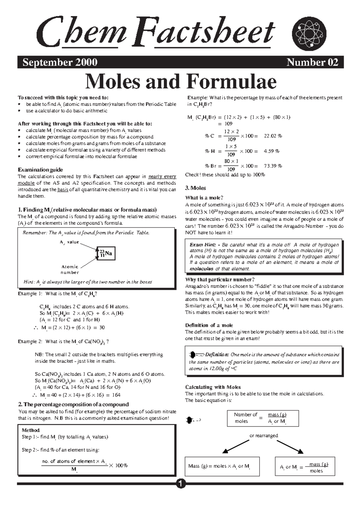Chem-factsheet 2 moles and formulae - KUL - Studocu