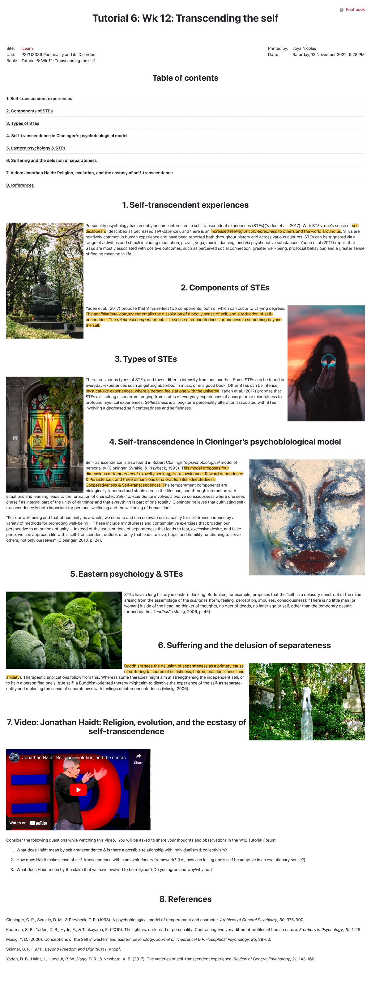 Tutorial 6: Wk 12: Transcending the self - Print book Tutorial 6: Wk 12 ...