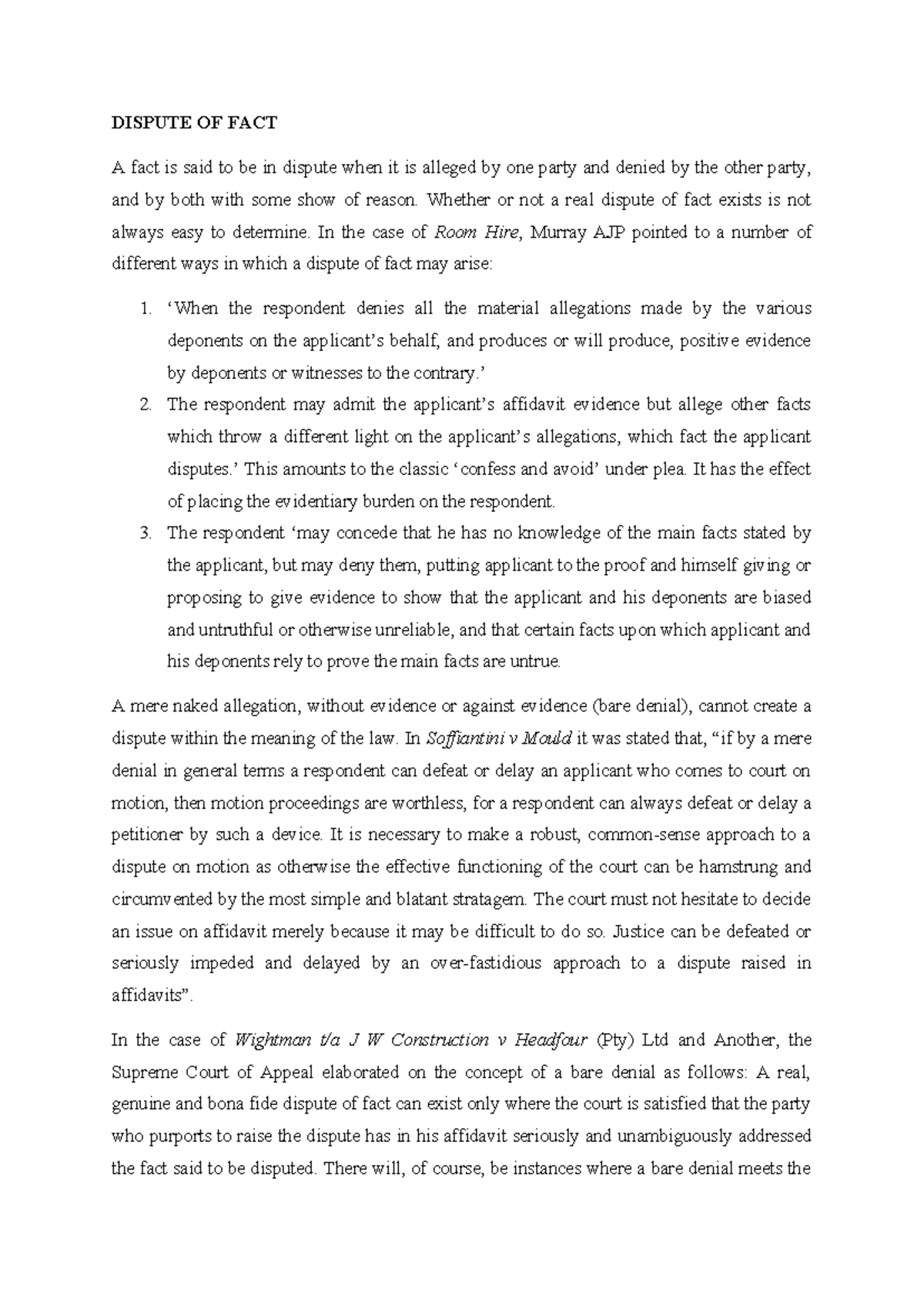 Dispute OF FACT - Summary Civil Procedure: Commentary and Materials ...