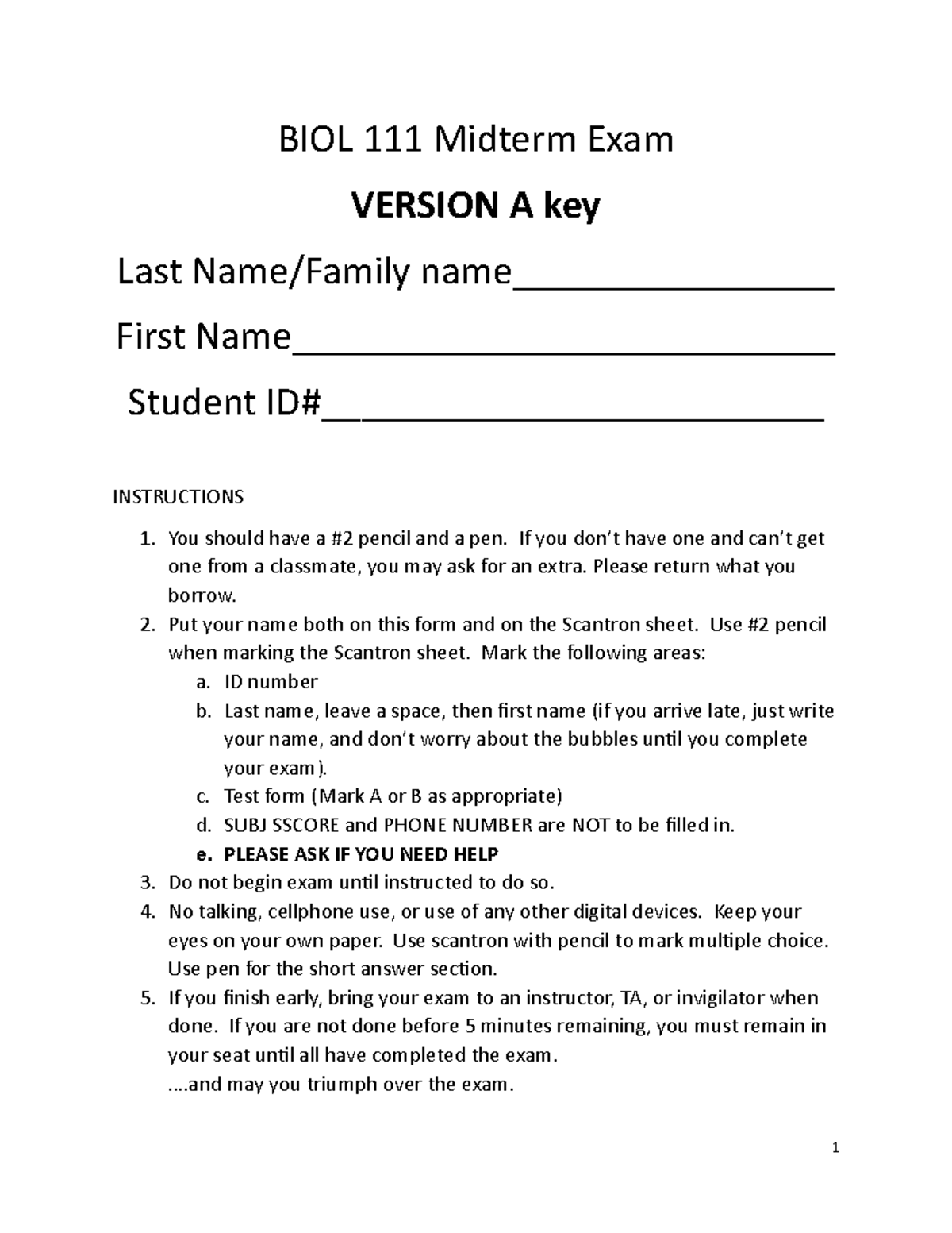 Practice midterm(ubc 111) - BIOL 111 Midterm Exam VERSION A key Last ...