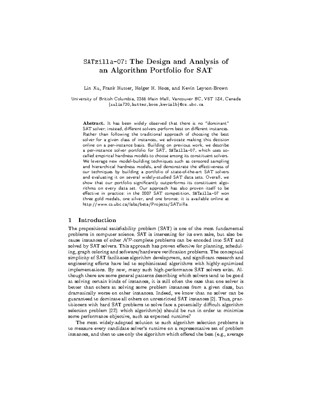 SATzilla-07 The Design and Analysis ofan Algorithm Portfolio for SAT - Hoos, and Kevin Leyton ...