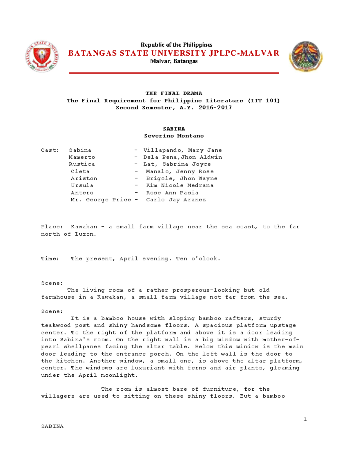 Sabina play script by severino montero - 1 Republic of the Philippines ...