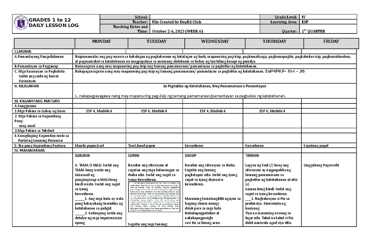 DLL ESP 4 Q1 W6 - Lesson log - GRADES 1 to 12 DAILY LESSON LOG School ...