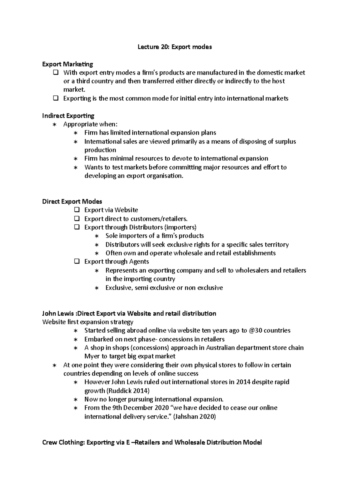 Lecture 20 export modes - Lecture 20: Export modes Export Marketing q ...