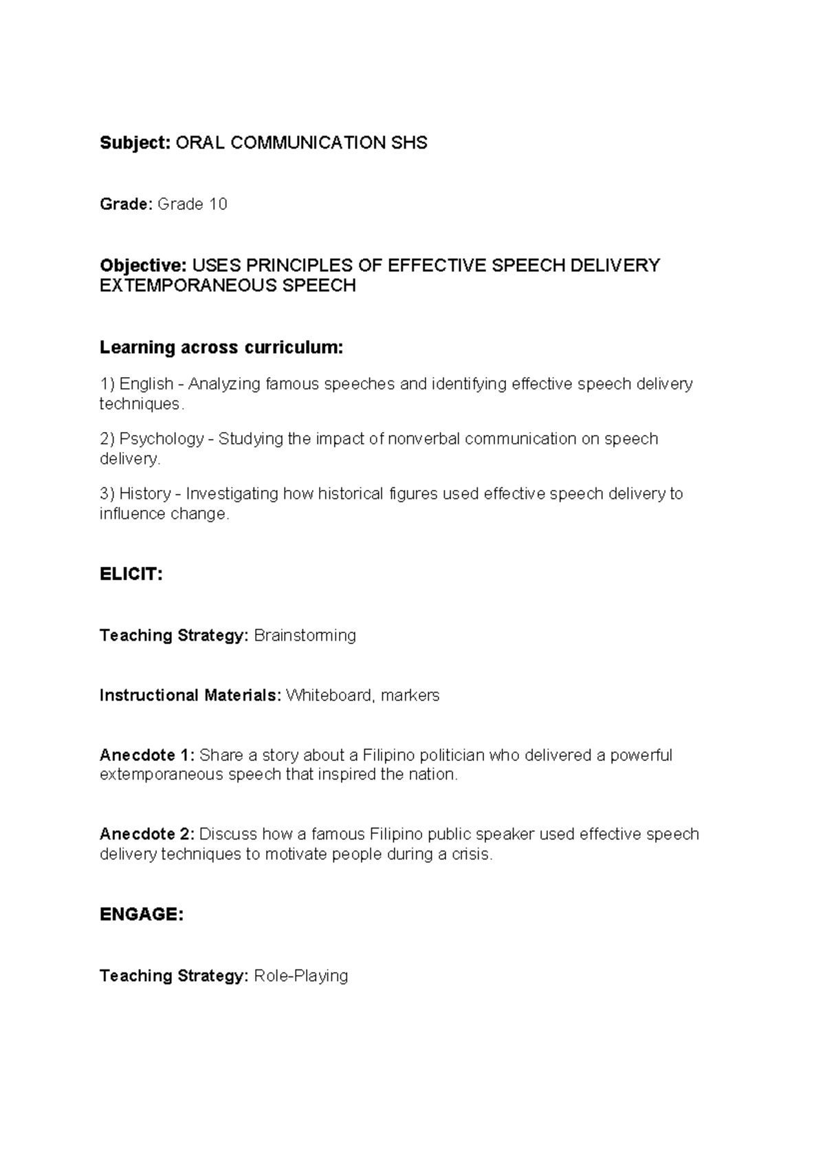 Lesson plan - NOTES - Subject: ORAL COMMUNICATION SHS Grade: Grade 10 ...