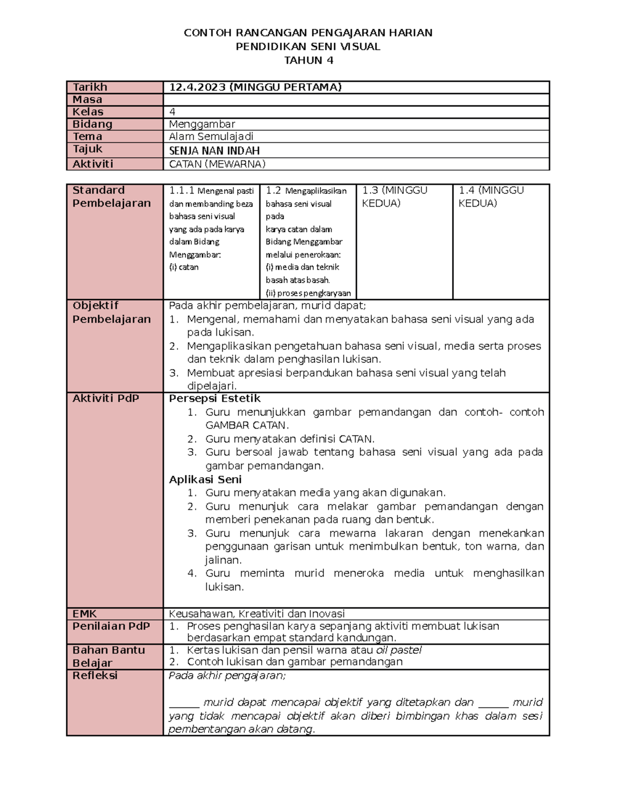 Contoh RPH Kegiatan Mengambar-Aktiiti Catan - CONTOH RANCANGAN ...