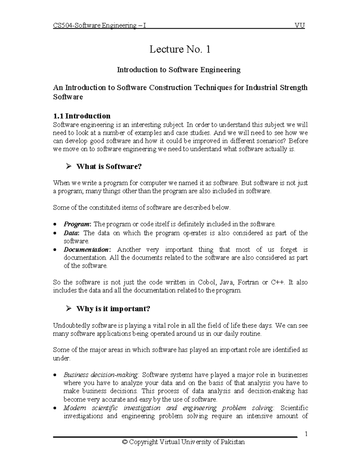 CS-504-Handout - bs softwear - 1 Lecture No. 1 Introduction to Software ...