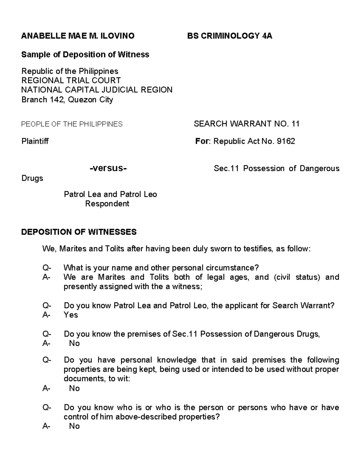 Sample of Deposition of Witness Ilovino Anabelle MAE - ANABELLE MAE M ...