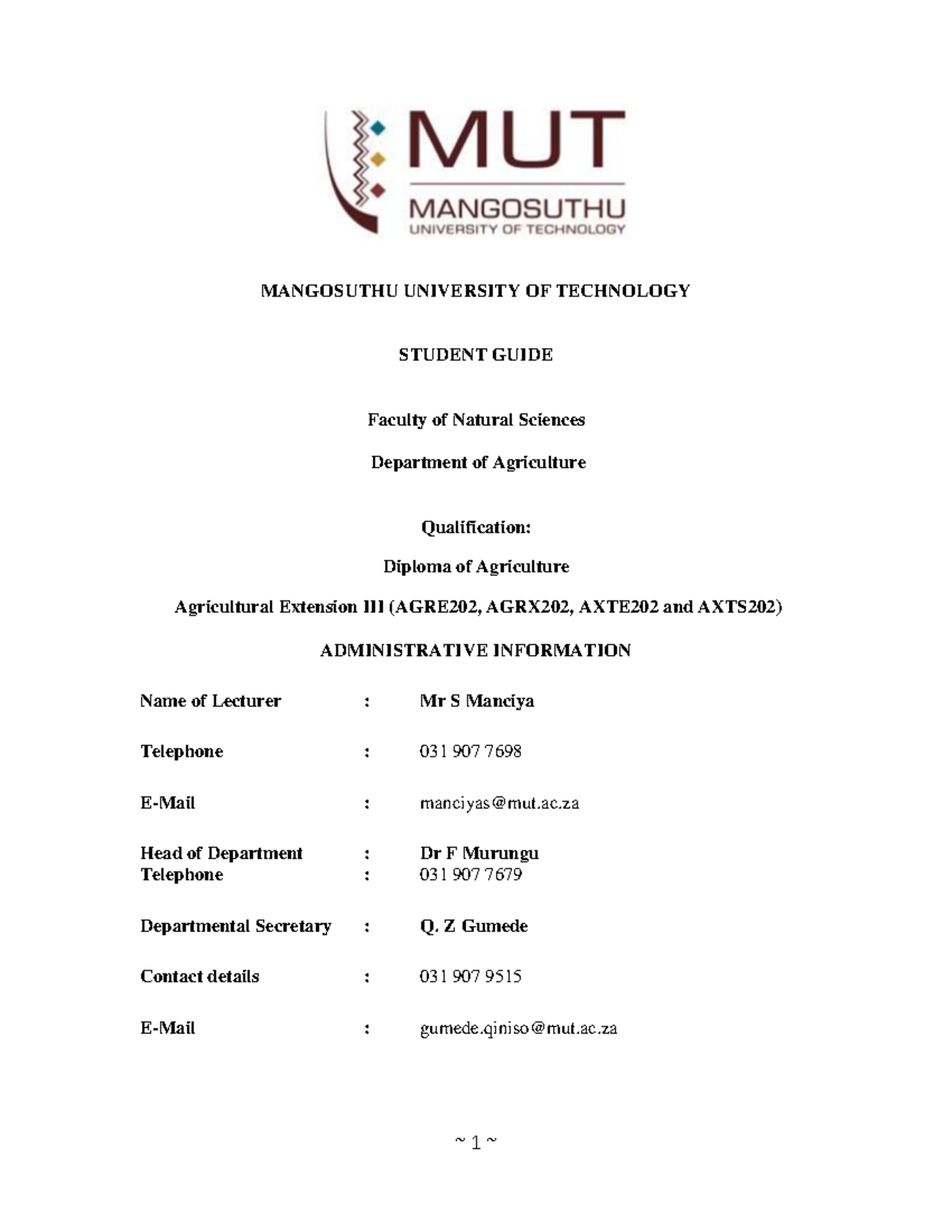 Agricultural extension III student guide 2023 - MANGOSUTHU UNIVERSITY OF TECHNOLOGY STUDENT ...