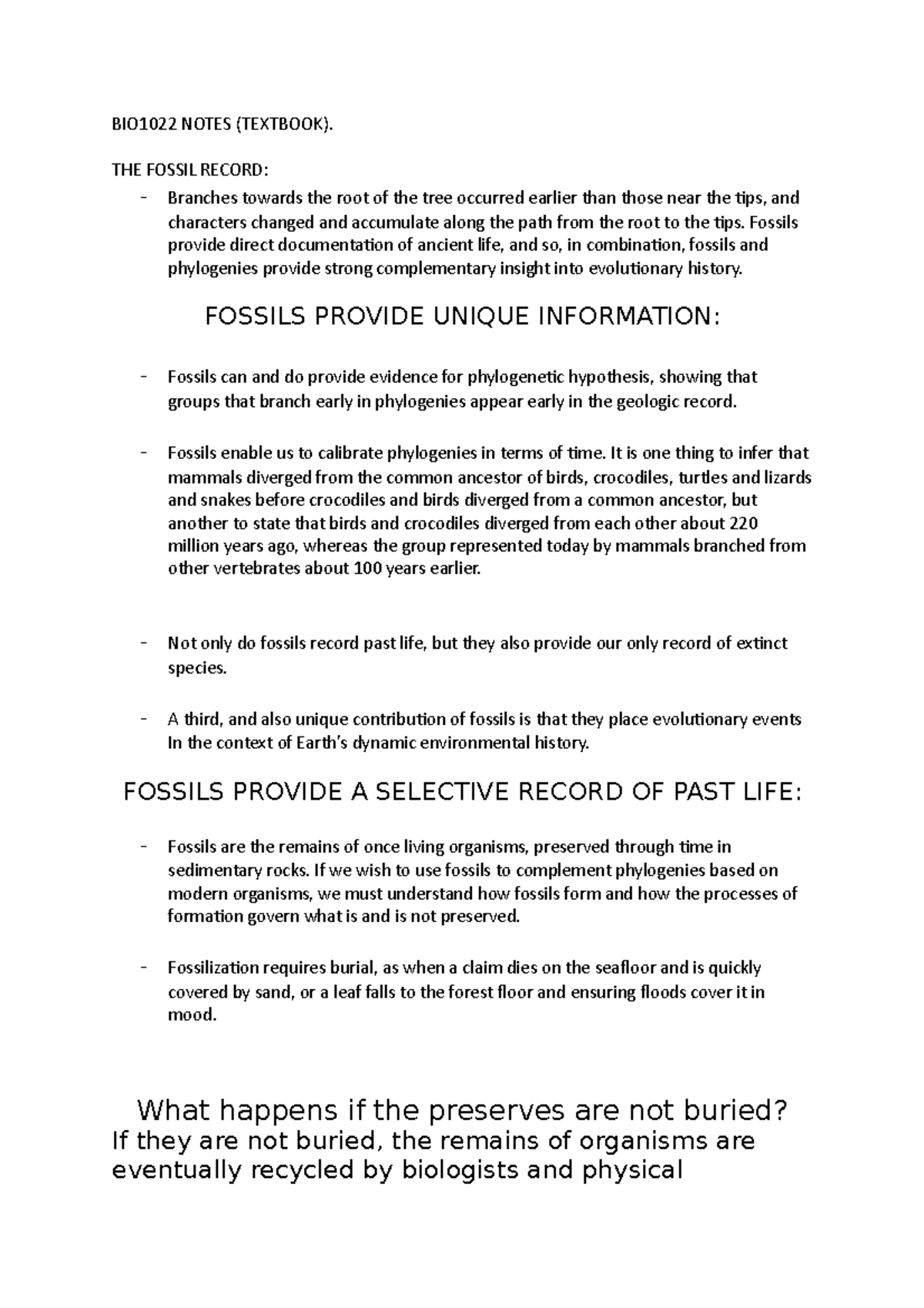 BIO1022 Notes - BIO1022 NOTES (TEXTBOOK). THE FOSSIL RECORD: - Branches ...