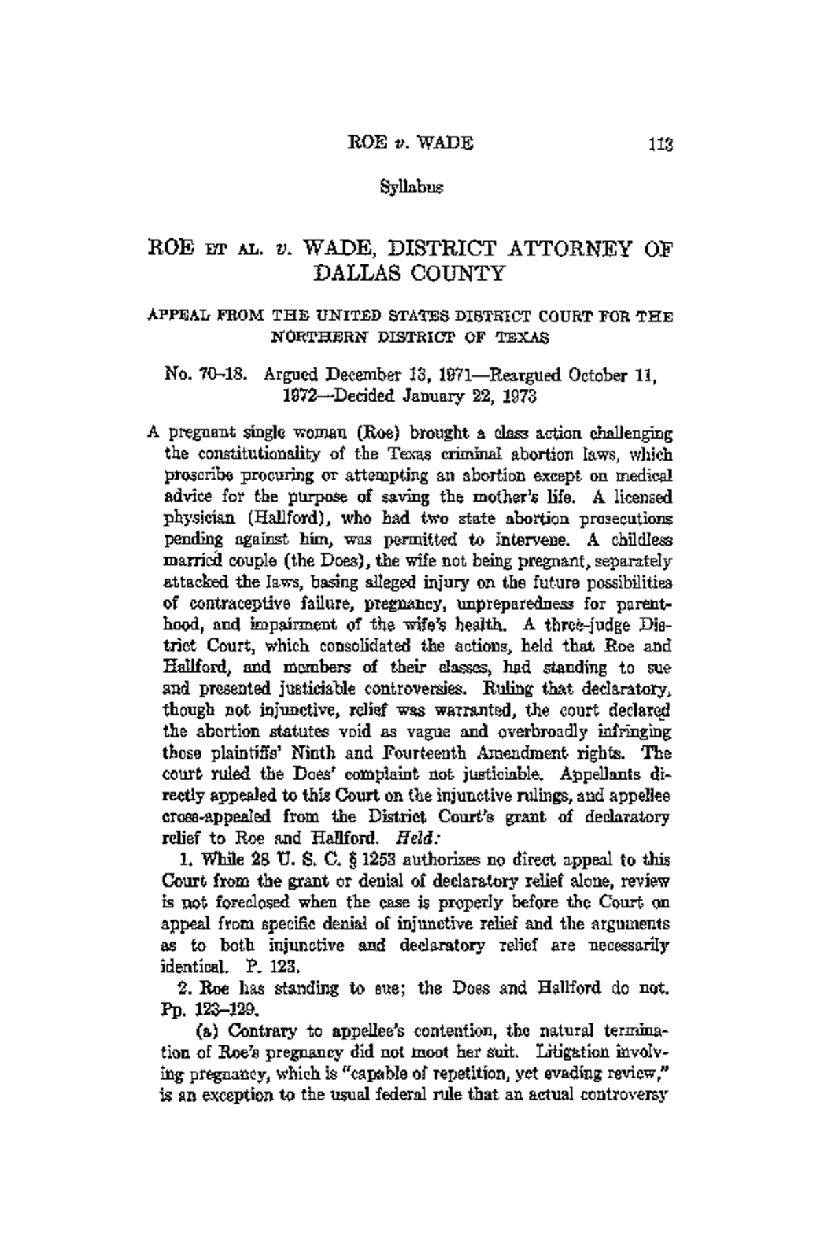 Roe v Wade 410 US 113 (1973) - ROE v. WADE Syllabus ROE ET AL. v. WADE ...