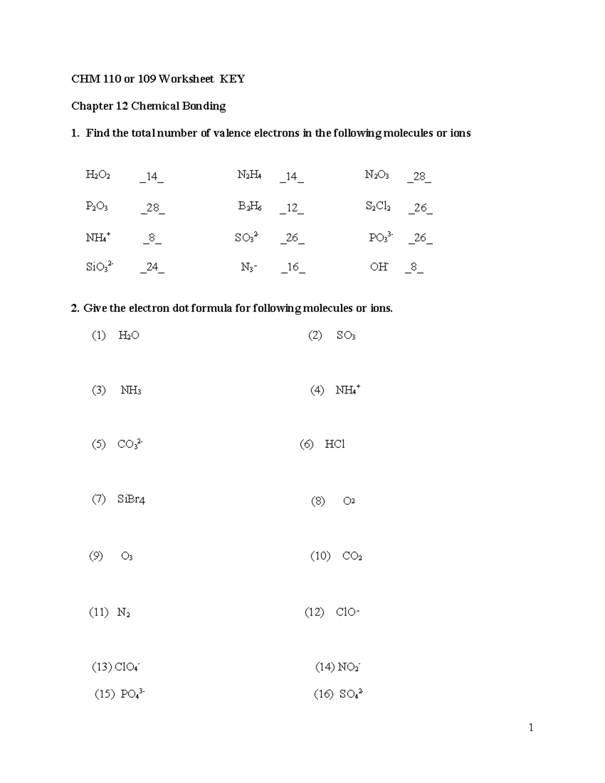 Intro Chem Ch 12 KEY Bonding Assignment - CHM 110 or 109 Worksheet KEY ...