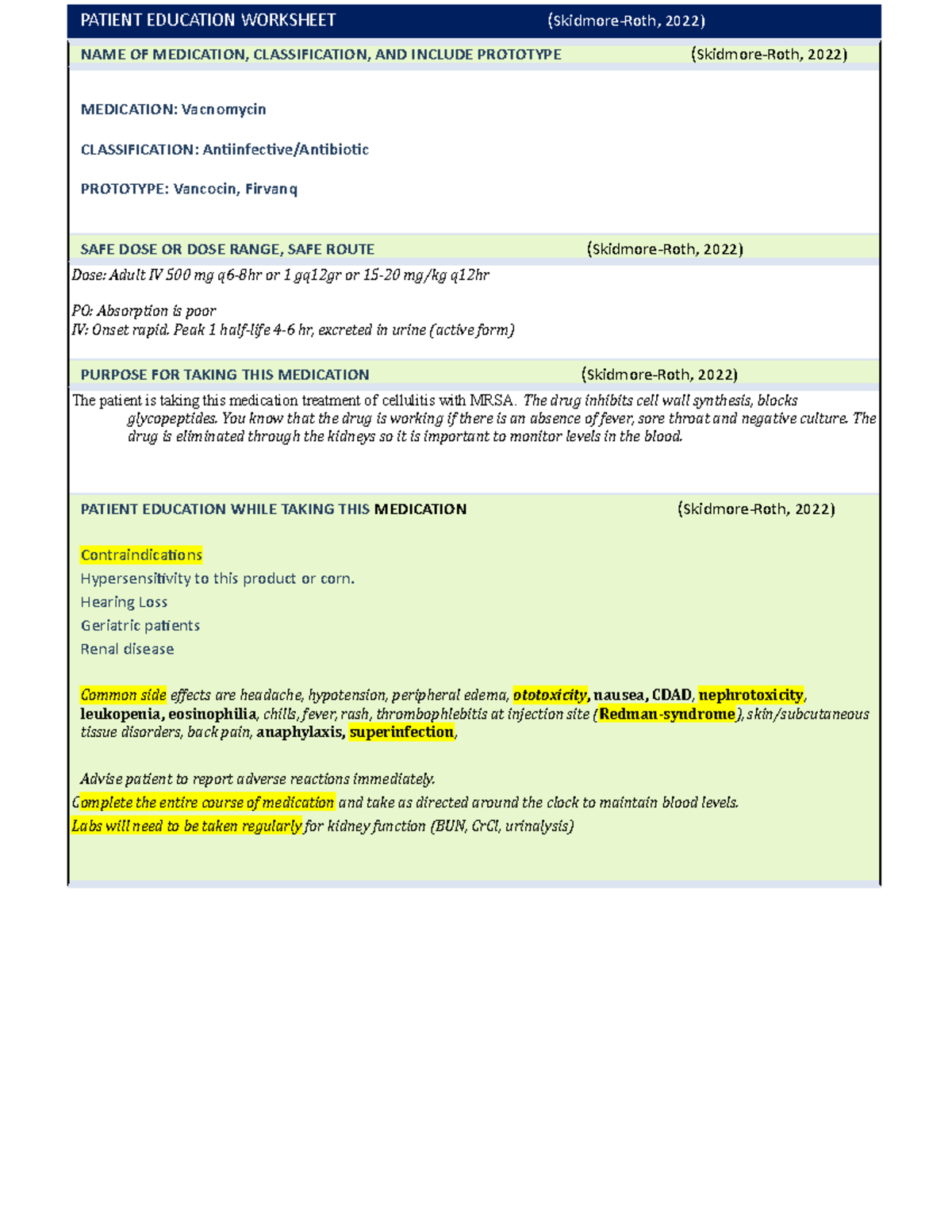 Vancohk - drug card - PATIENT EDUCATION WORKSHEET (Skidmore-Roth, 2022 ...