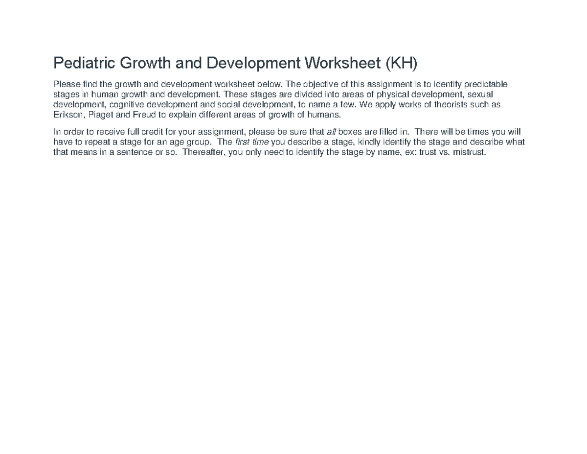 PEDS GD Worksheet Assignment - Pediatric Growth and Development ...