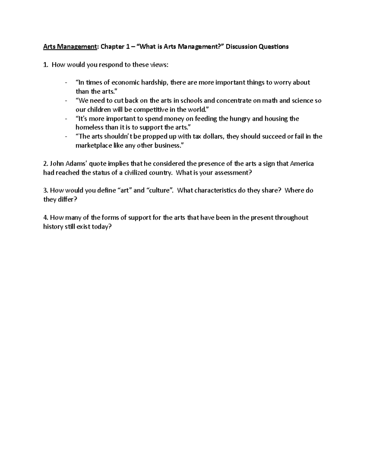 Arts Management Ch 1 Discuss Answer - Arts Management: Chapter 1 3