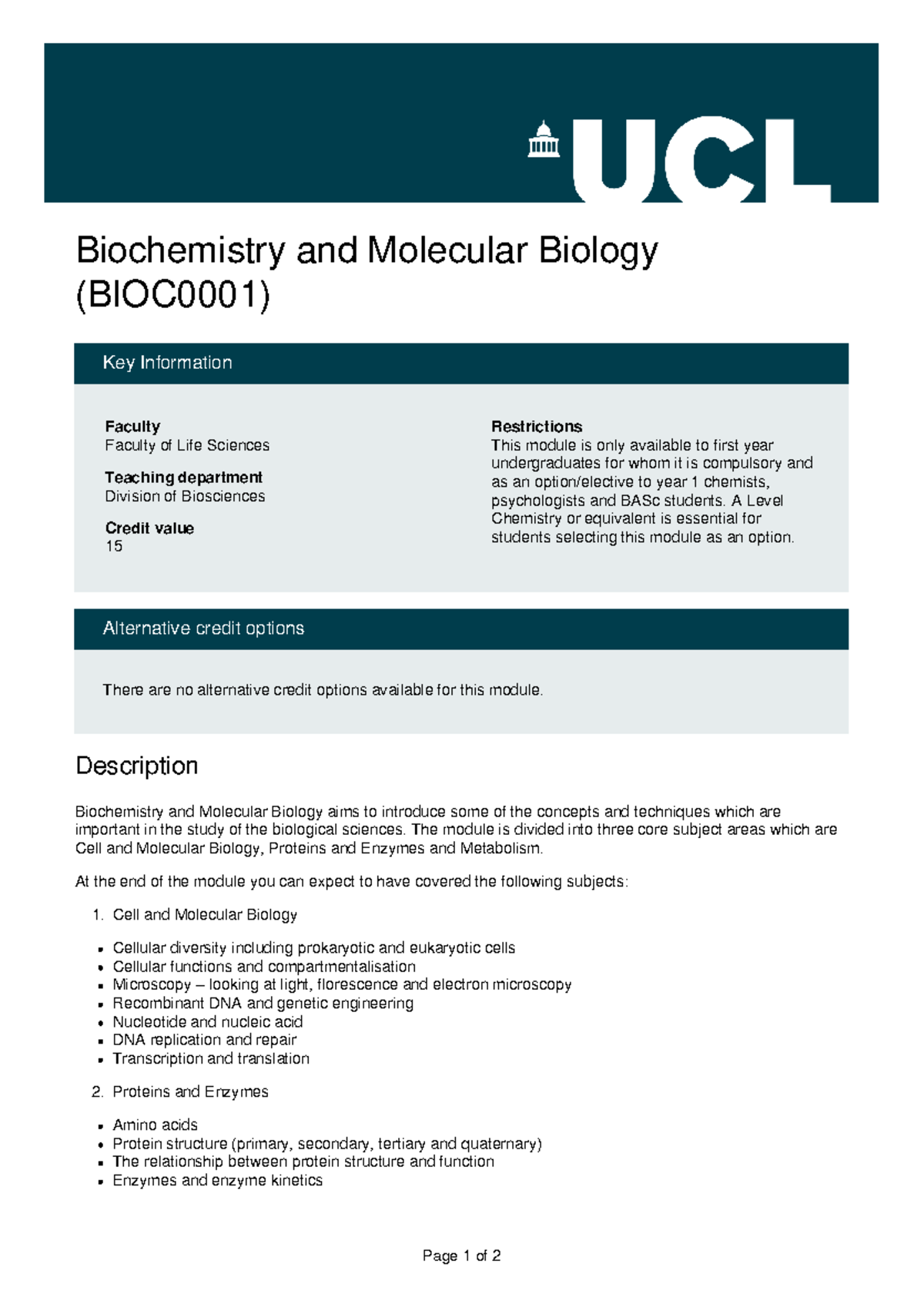 MOD-BIOC0001-2023 - Biochemistry and Molecular Biology (BIOC0001) Key ...