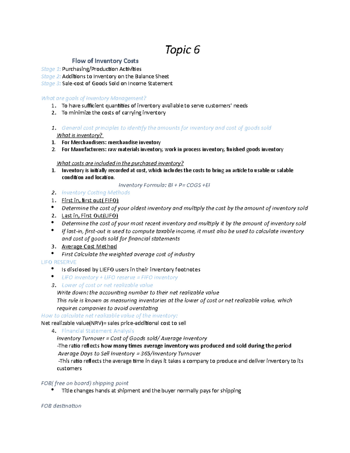 Topic 6 - Cost of goods sold and inventory - Topic 6 Flow of Inventory Costs Stage 1: - Studocu