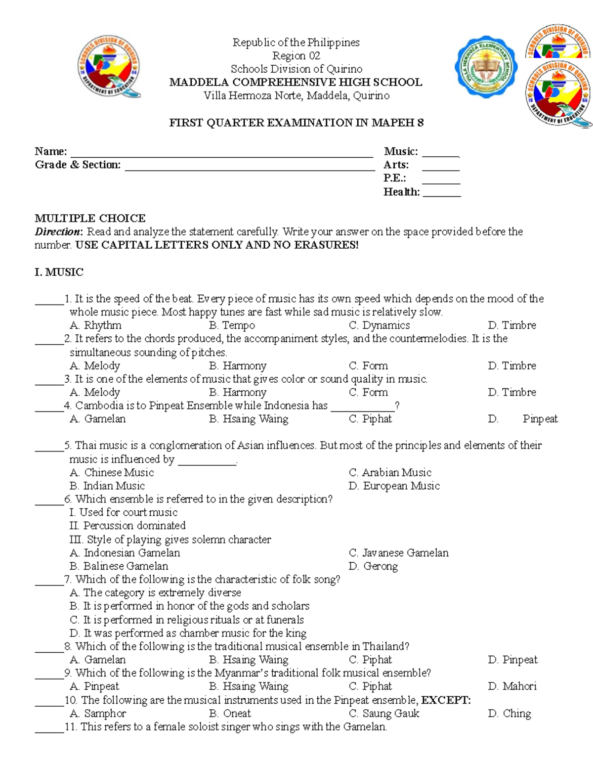 First Quarter Examination IN Mapeh 8 - Republic of the Philippines ...