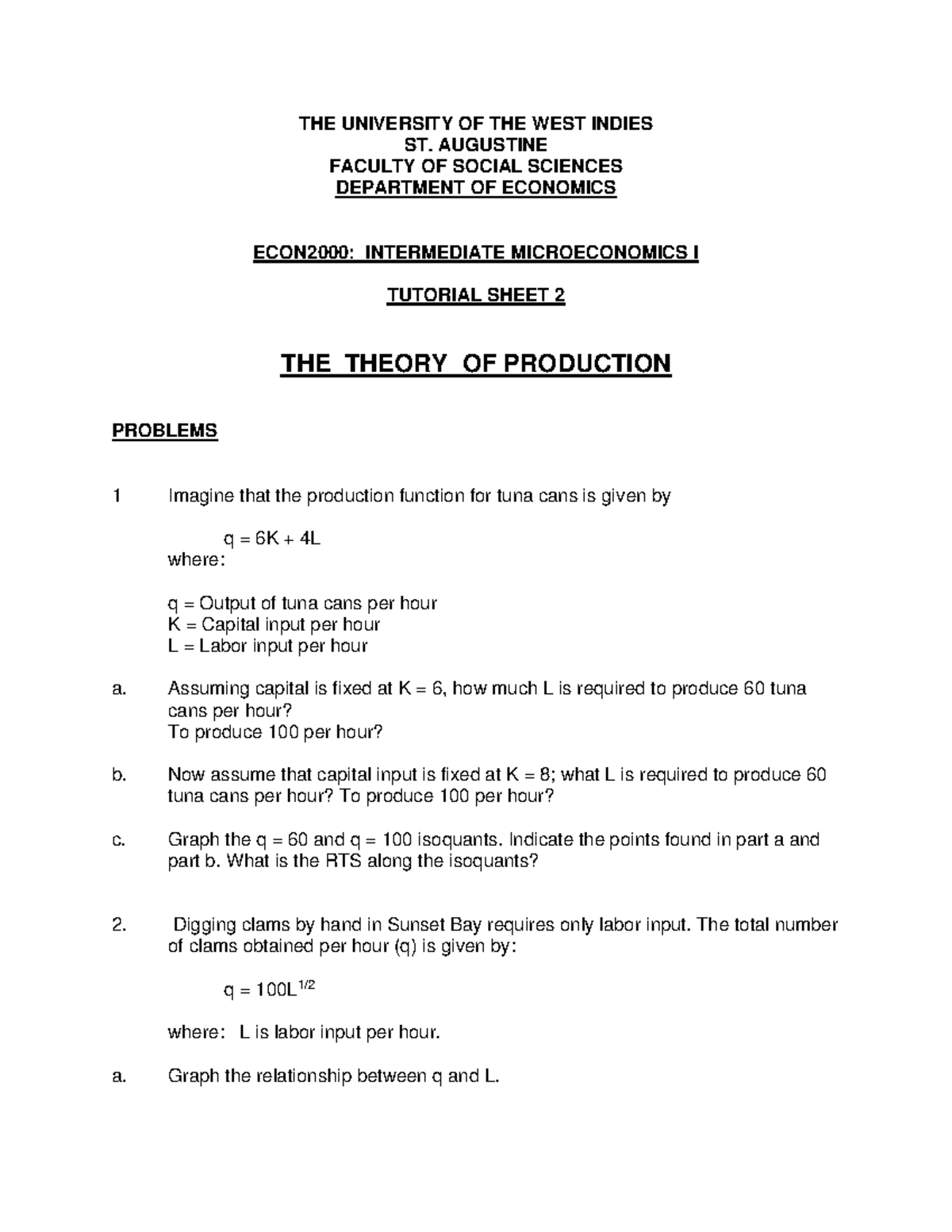 Tutorial Sheet 2 Xyz The University Of The West Indies St Augustine Faculty Of Social 