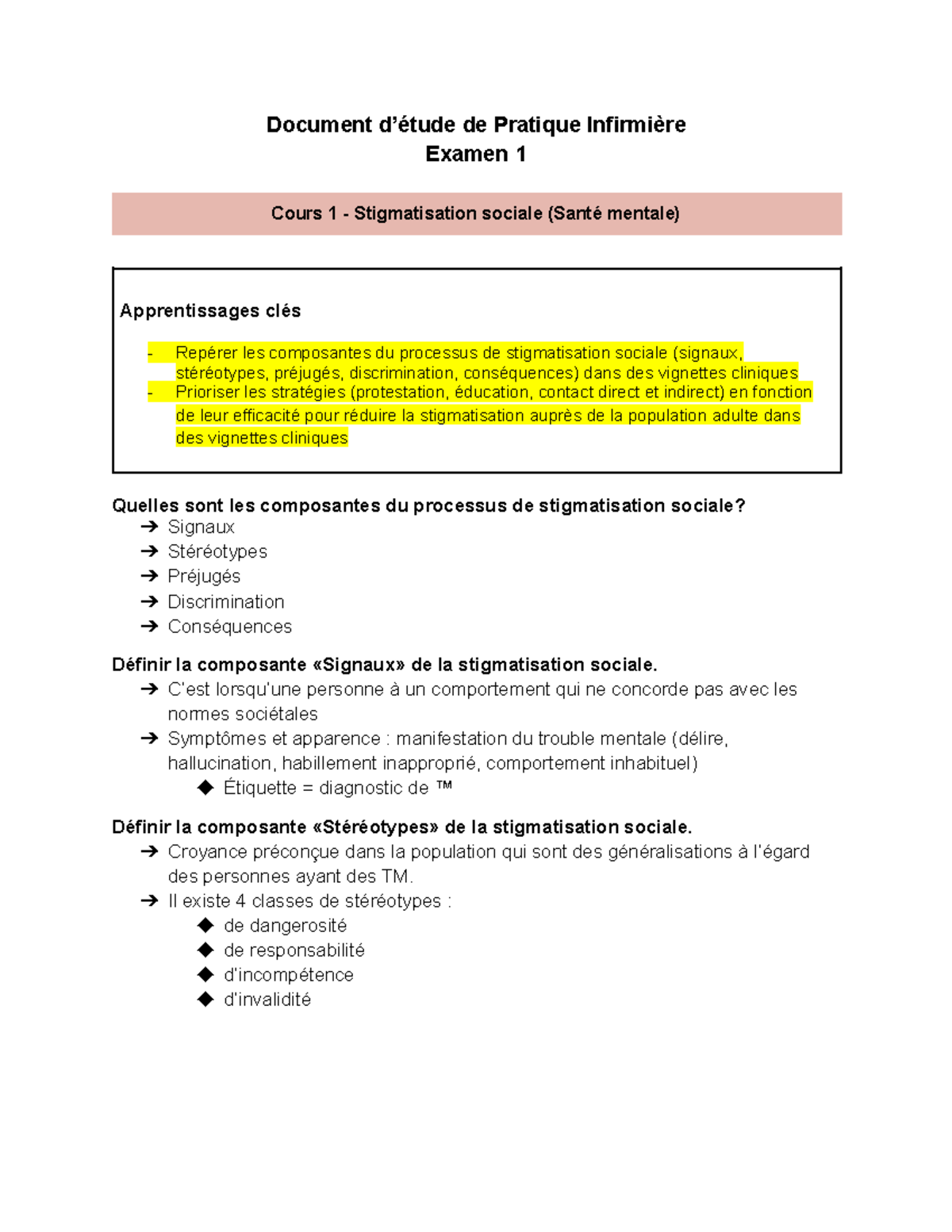 Doc d'étude - Pratique Infirmière 3 - Exam 1 - Document d’étude de ...